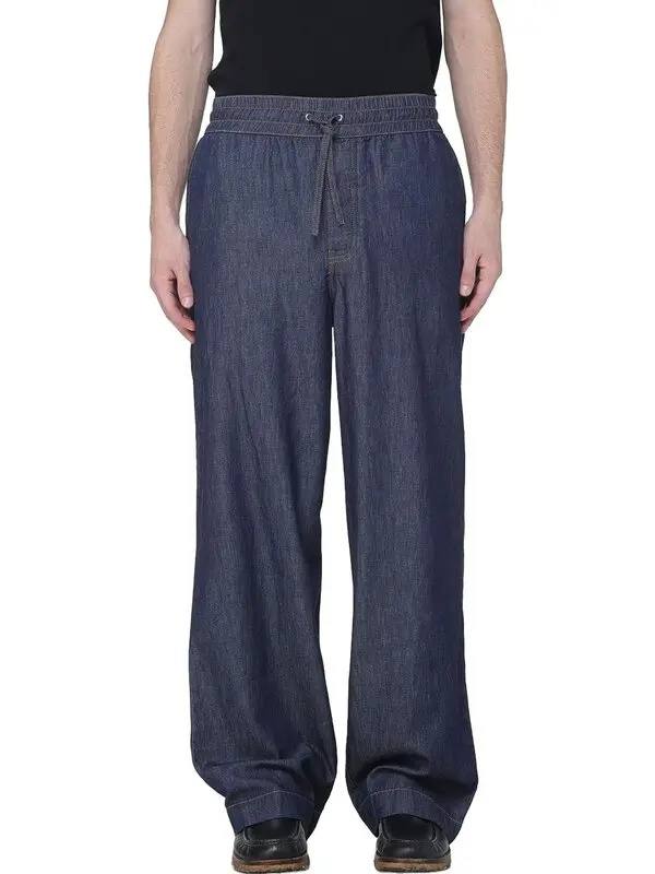 Loewe Wide-leg Trousers In Cotton Denim With Drawstring Waist And Embroidered Logo - Blue