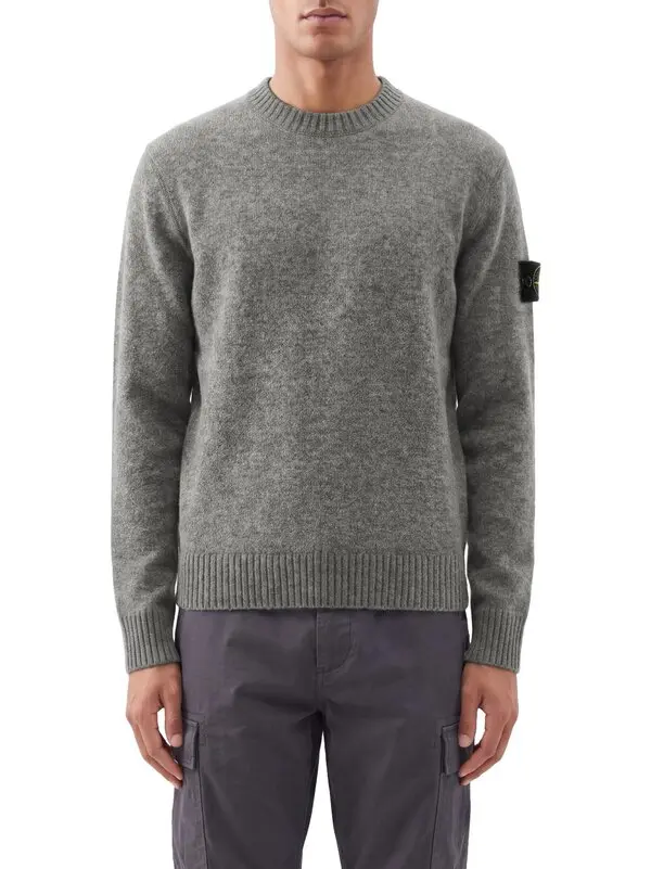 Stone Island Alpaca Blend Crewneck Sweater With Compass Logo Patch - Grey 1