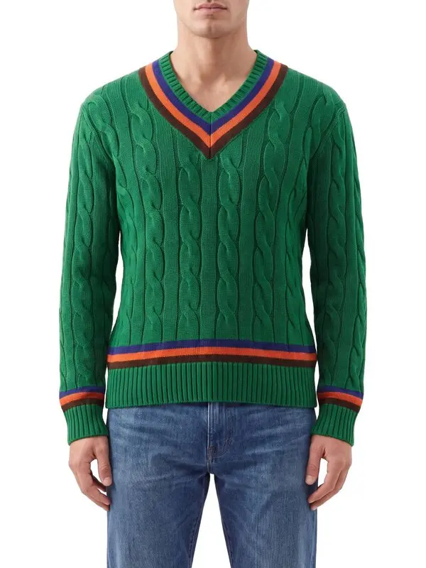 Polo Ralph Lauren V-neck Wool And Cotton Blend Sweater With Contrast Tipping - Green