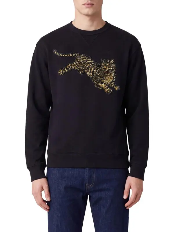 Kenzo Tiger Paris Relaxed Fit Cotton Crewneck Sweatshirt With Embroidery And Rhinestones - Black