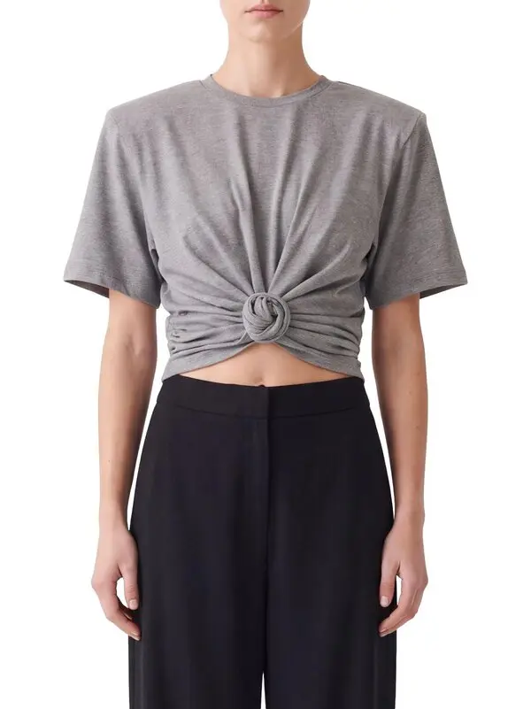Magda Butrym Cropped Draped Cotton T-shirt With Padded Shoulders - Grey