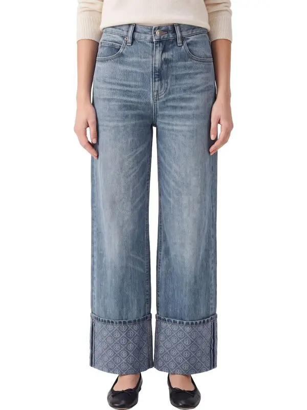 Tory Burch Wide Leg Jeans In With Double T Monogram And Cuffs - Denim