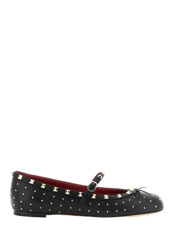 Valentino Garavani Rockstud Lambskin Leather Mary Jane Flats With Studs And Bow - Black