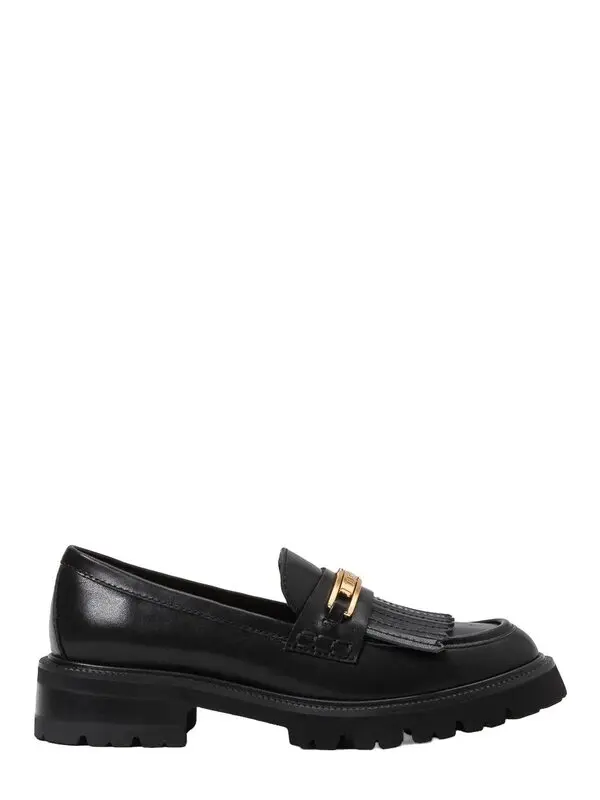 TWINSET Smooth Leather Penny Loafers With Fringes And Lug Sole - Black