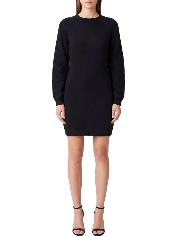TWINSET Slim Fit Floral Detail Wool Blend Knit Mini Dress - Black