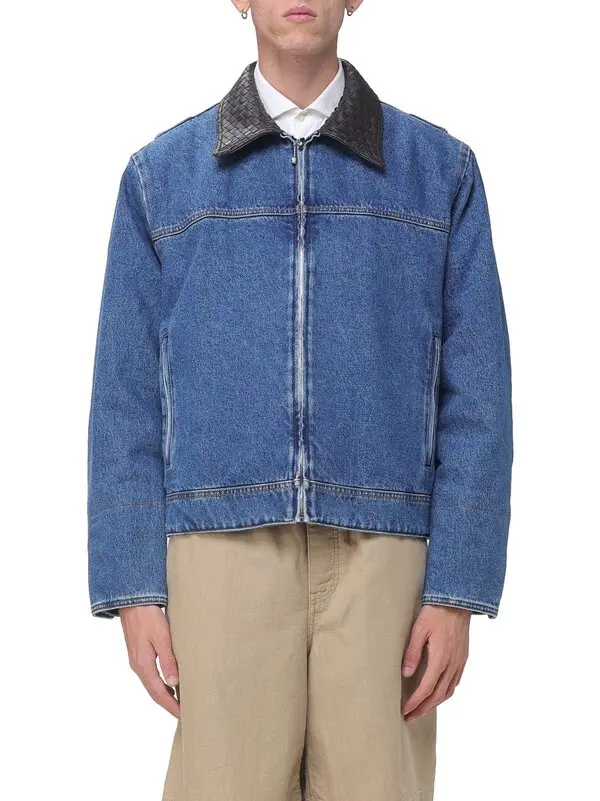 Bottega Veneta Cotton Denim Jacket With Leather Collar - Navy