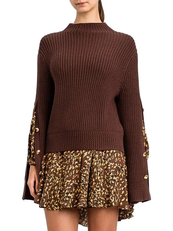 TWINSET Viscose Blend Mock Neck Jumper With Metal Buttons - Brown