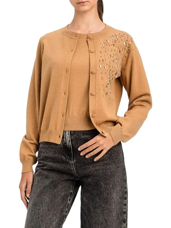 TWINSET Crystal-embellished Viscose Blend Crewneck Cardigan - Coffee
