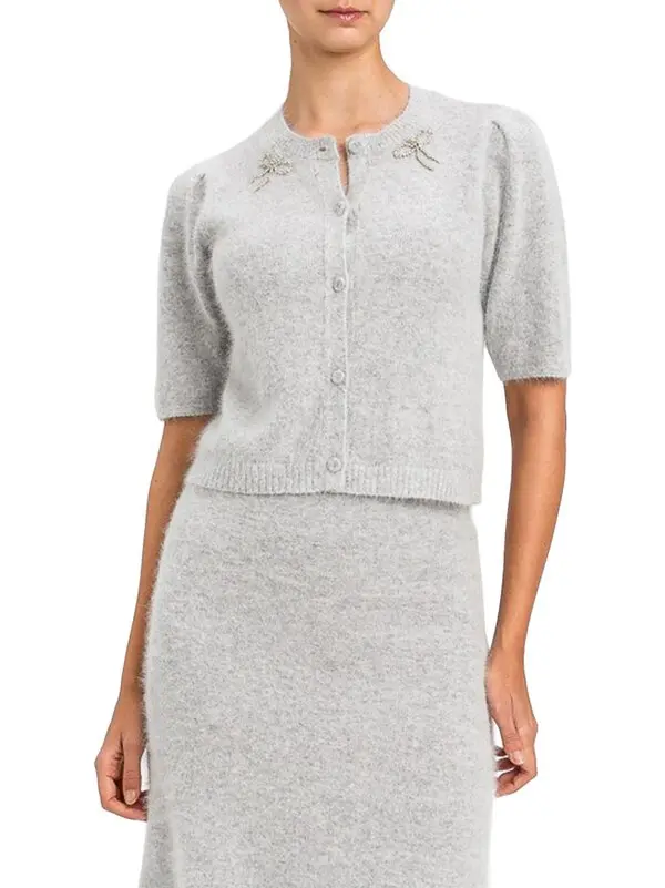 TWINSET Wool Blend Cardigan With Puff Sleeves And Crystal Embellishment - Grey
