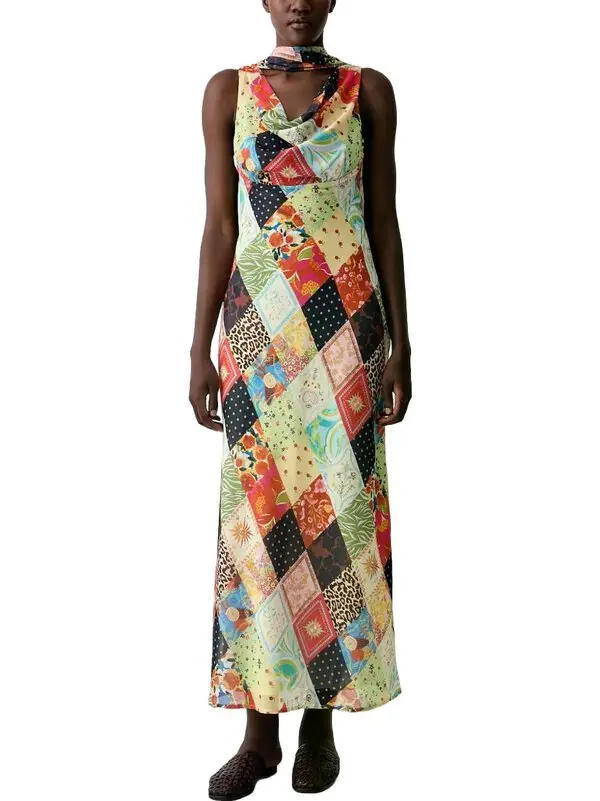 NEVER FULLY DRESSED Patchwork Cowl-neck Maxi Dress - Neutrals