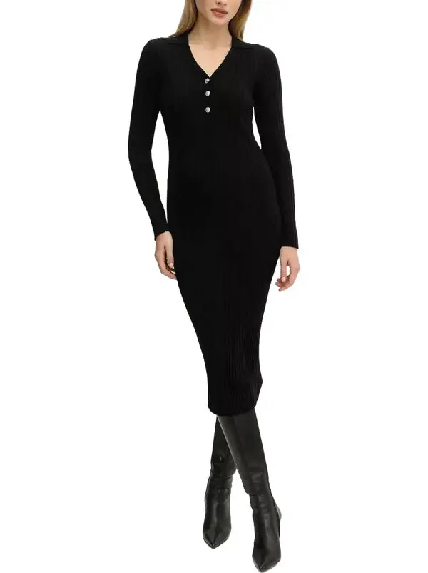MORGAN Ribbed-knit Button-up Midi Dress - Black