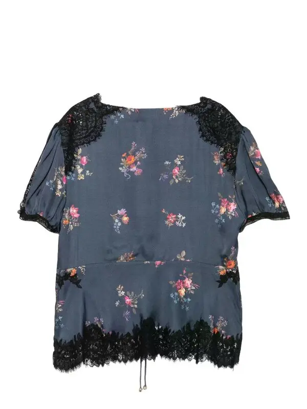 SELF-PORTRAIT Floral-print Lace-trim Top - Grey