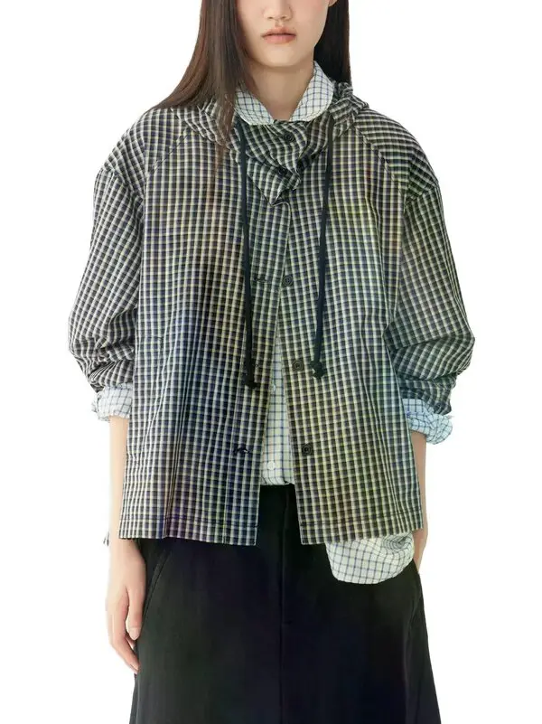 STUDIO TOMBOY Gingham-check Hooded Shirt Jacket - Black