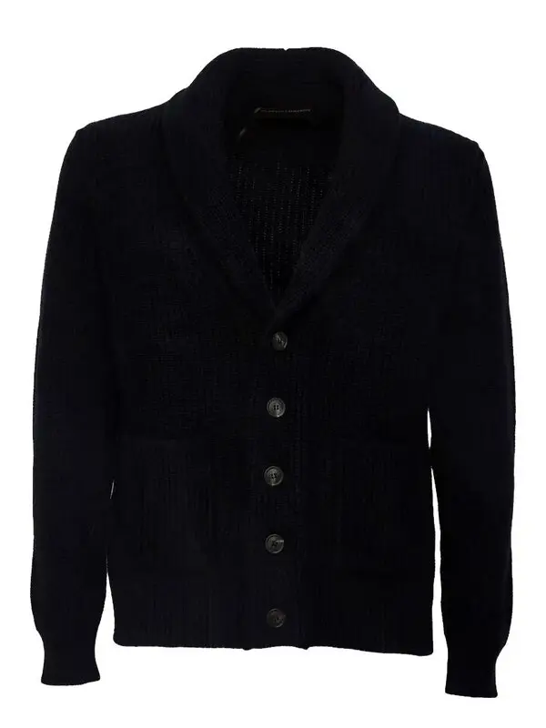FILIPPO DE LAURENTIIS Shawl-collar Ribbed-knit Cardigan - Blue