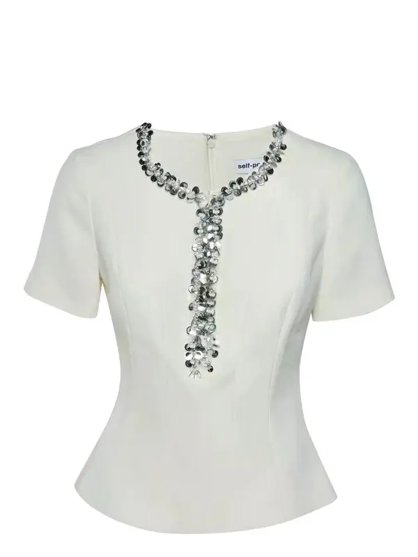 SELF-PORTRAIT Sequin-embellished Plunge-neck Short-sleeved Blouse - White