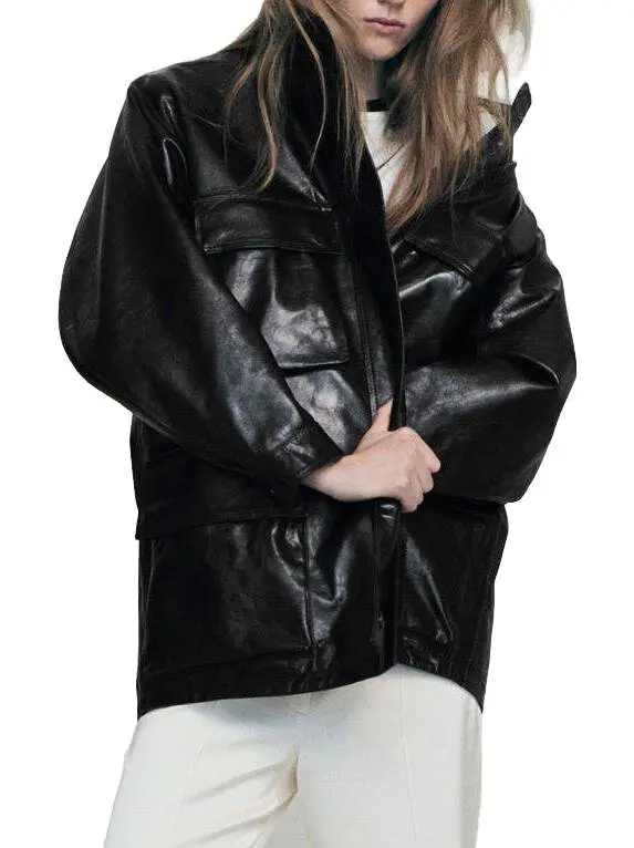 Mango Oversized Leather Parka - Black