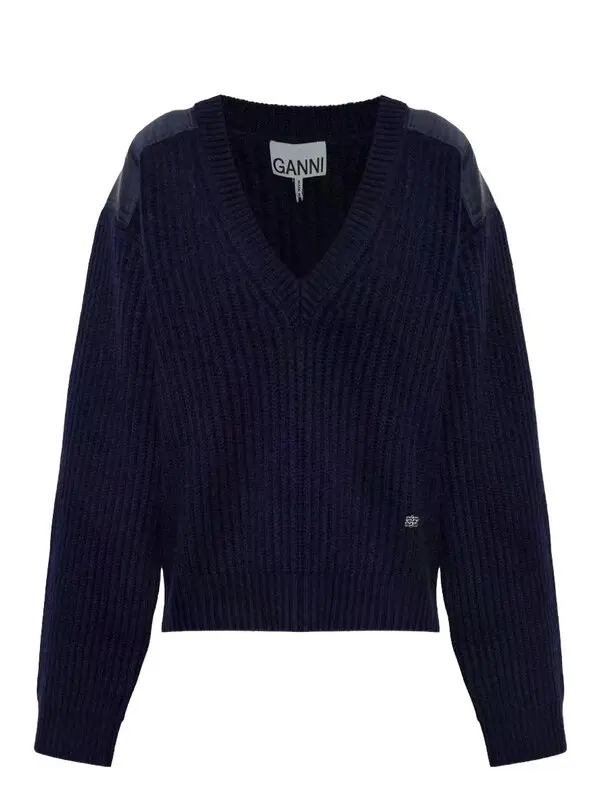 GANNI V-neck Ribbed-knit Sweater - Blue