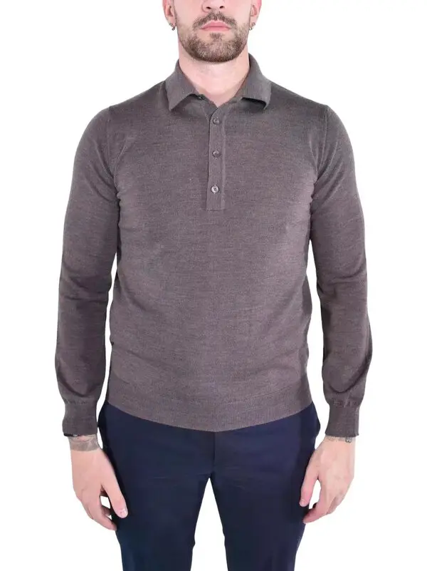 KANGRA Fine-knit Long-sleeved Polo Shirt - Brown