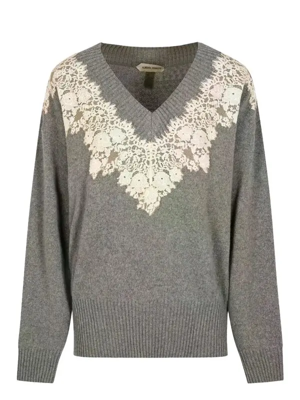 Alberta Ferretti Lace-trim V-neck Sweater - Grey