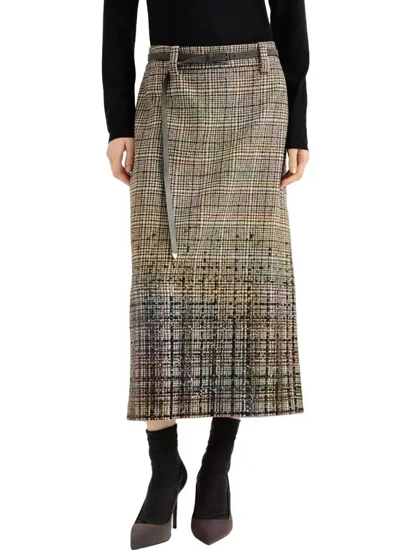 Brunello Cucinelli Checked Alpaca And Wool Pencil Skirt With Dazzling Dégradé Embroidery - Brown