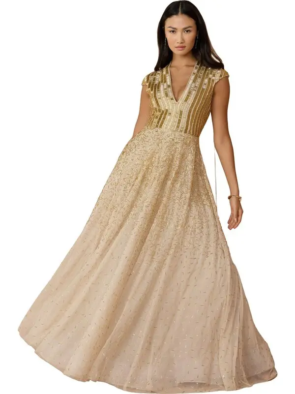 MAC DUGGAL COLLECTION V-neck Beaded Tulle A-line Gown - Gold