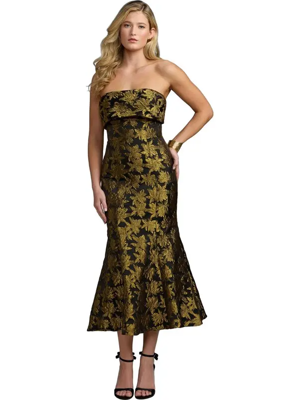 Mac Duggal Gold Metallic Strapless Brocade Mermaid Midi Dress - Yellow Multi