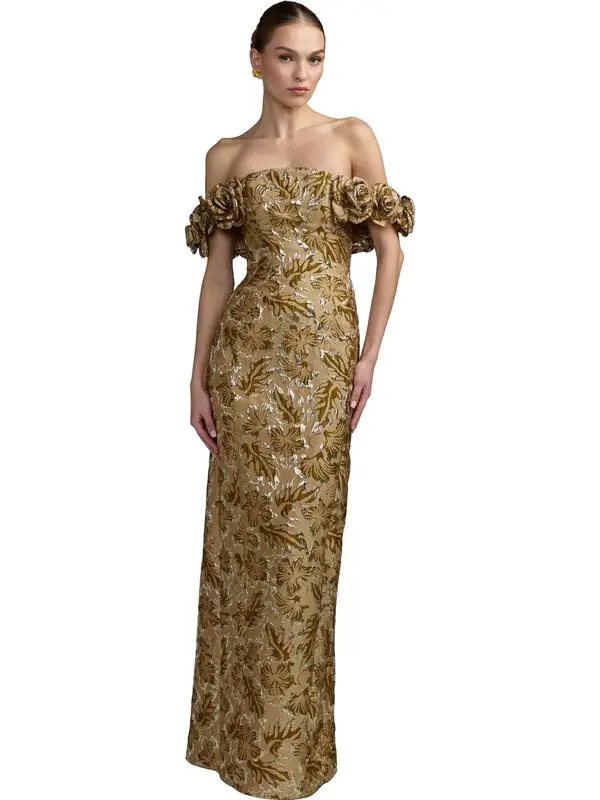 Mac Duggal Off The Shoulder Rosette Column Gown - Bronze Multi