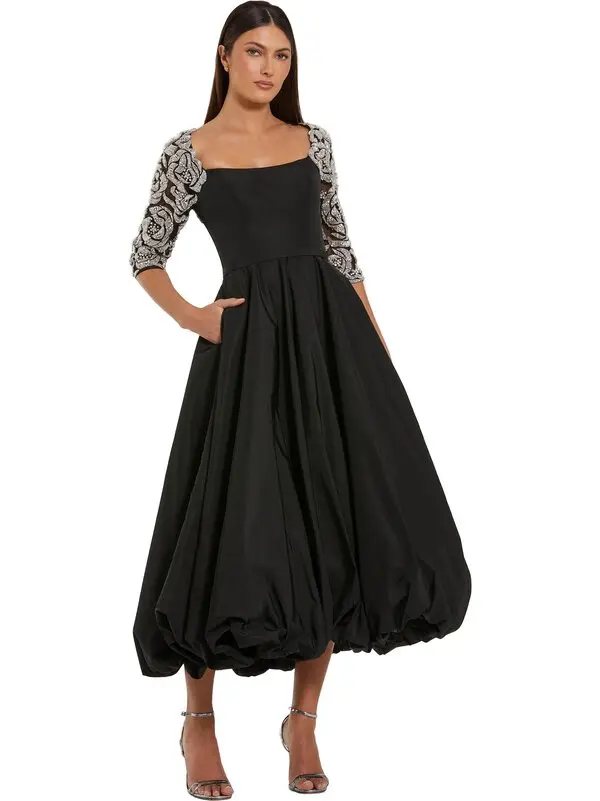 Mac Duggal Faille Embellished Sleeve Tea-length Dress - Black