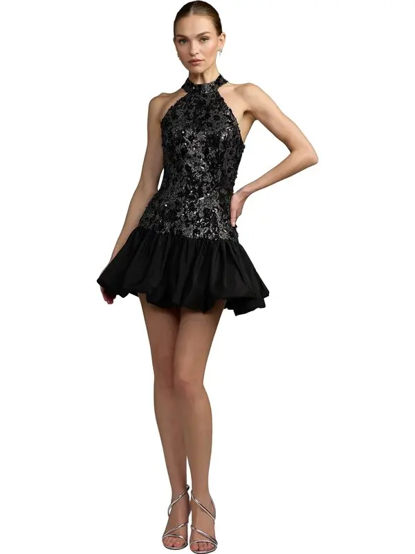 Mac Duggal Embellished Lace Bubble Hem Mini Dress - Black Silver
