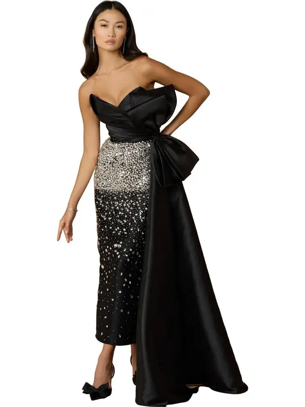 MAC DUGGAL COLLECTION Strapless Crystal Embellished Satin Dress With Bow - Black Silver