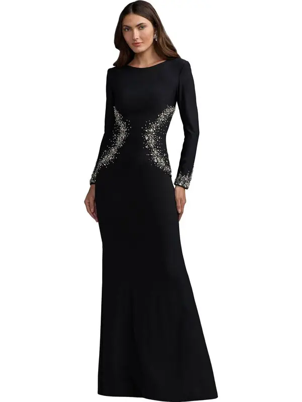 Mac Duggal Long Sleeve Embellished Jersey Gown - Black