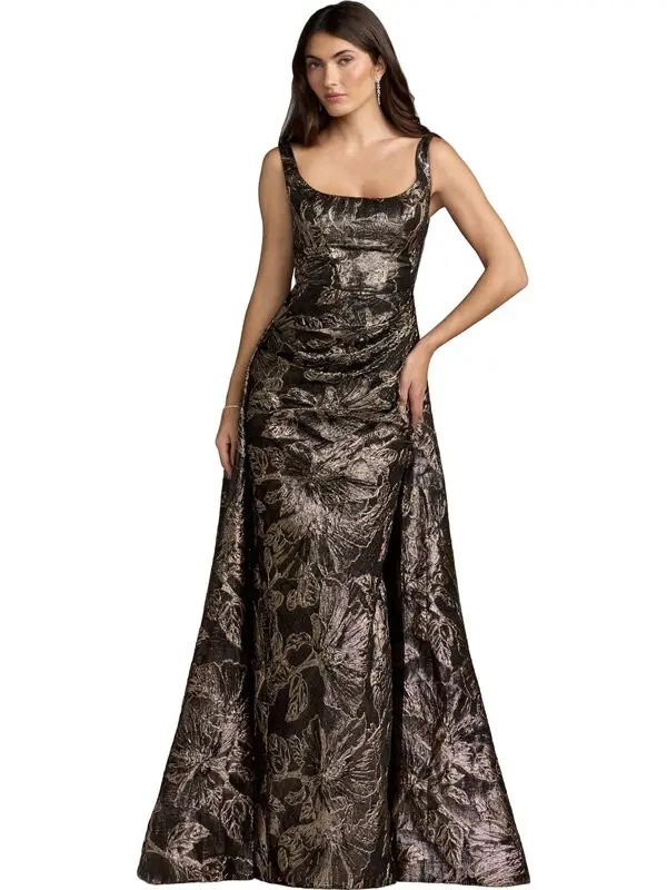 Mac Duggal Black Metallic Floral Brocade Gown With Overskirt - Bronze