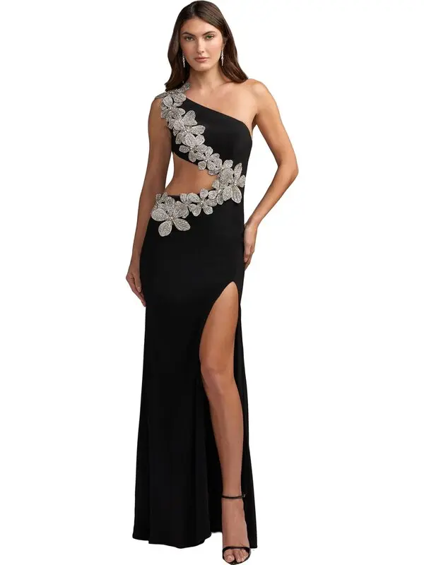 Mac Duggal One Shoulder 3d Floral Jersey Gown - Black