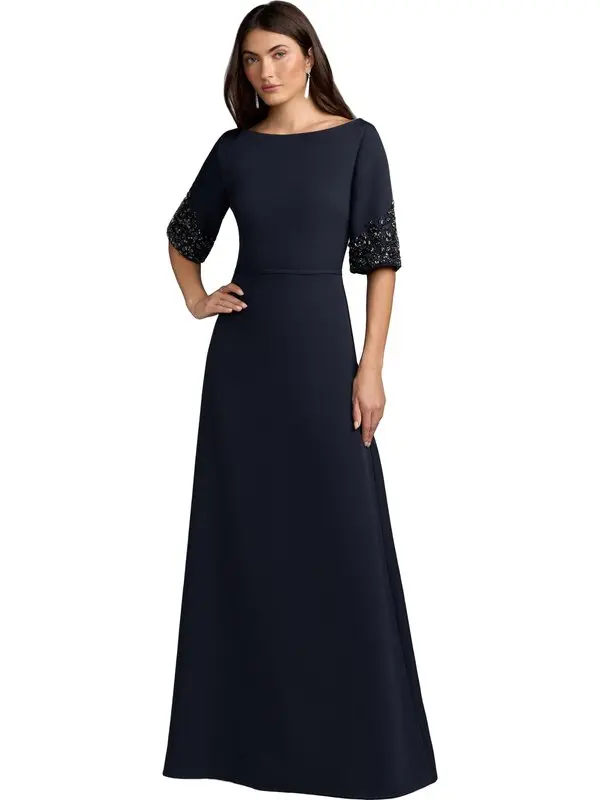 Mac Duggal A-line Crepe Gown With Beaded Sleeves - Midnight