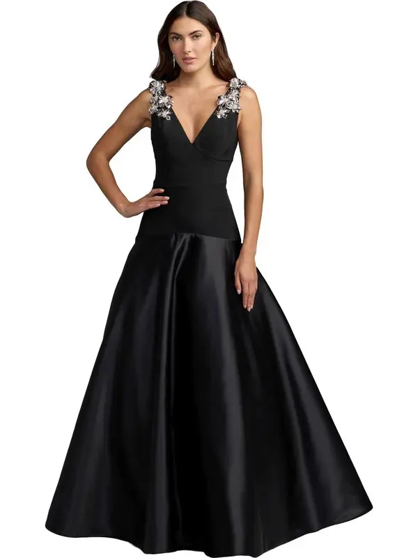 Mac Duggal Crepe And Satin Plunging V-neck Ball Gown - Black