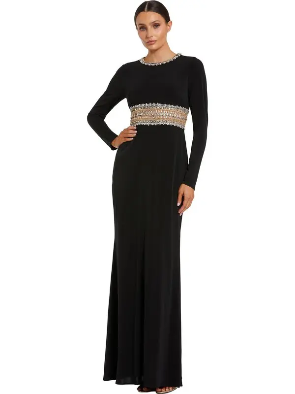 Mac Duggal Long Sleeve Gown With Embellished Cut Out - Black