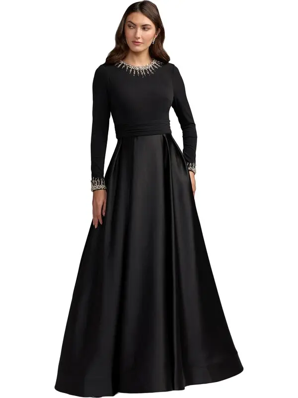 Mac Duggal Jersey And Satin Long Sleeve A-line Gown - Black