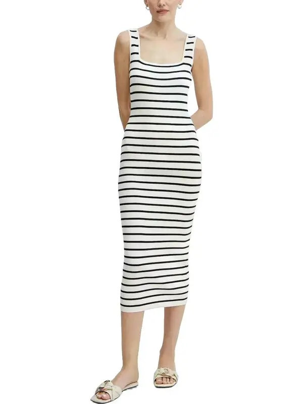 MORGAN Striped Ribbed-knit Midi Dress - White