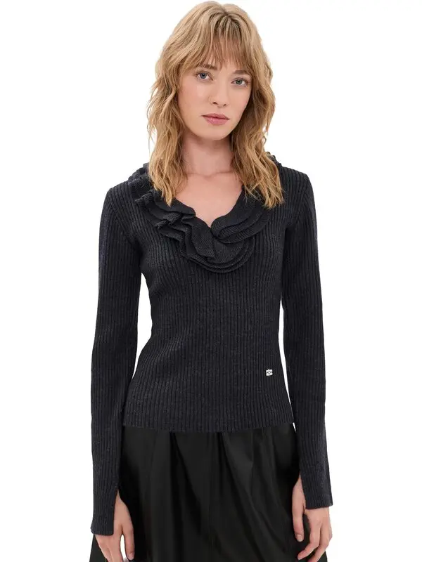 GANNI Ribbed Merino Wool Frill Sweater - Phantom