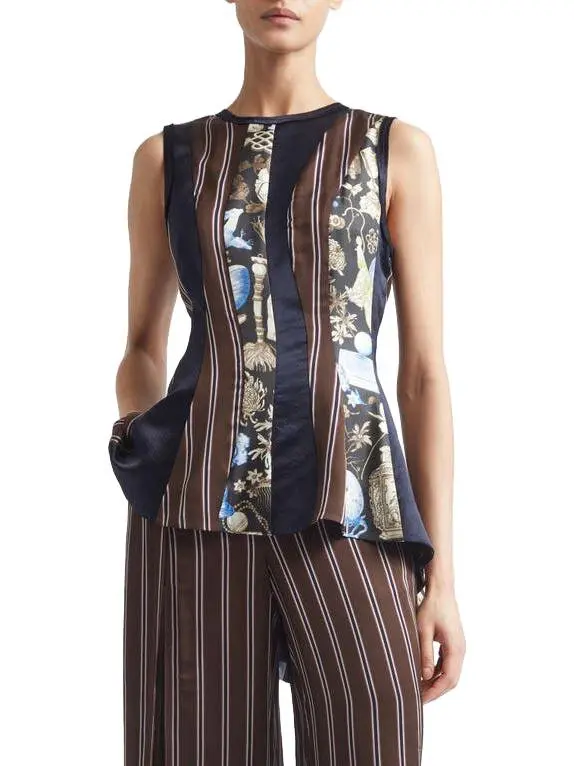 JASON WU Mixed Media Paneled Silk Top - Deep Navy Multi
