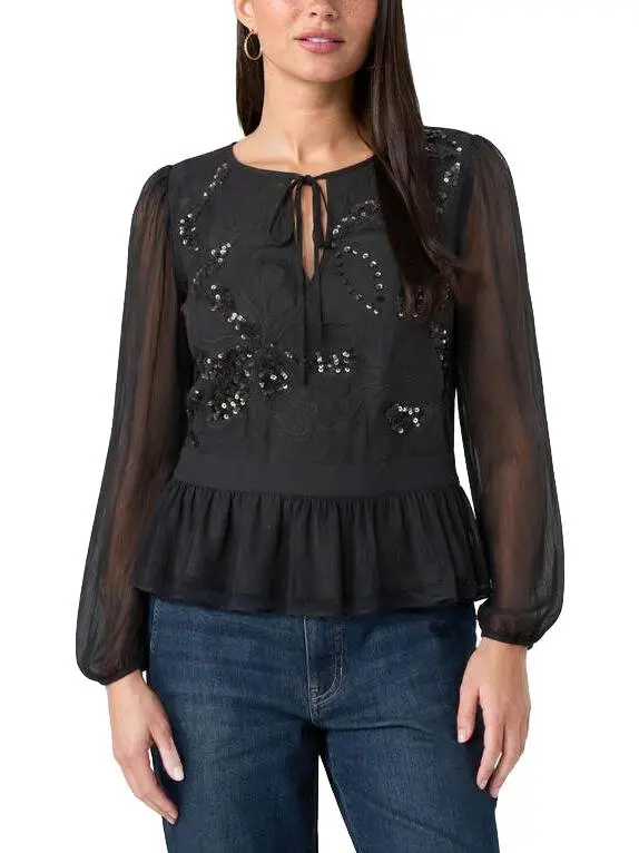 LIVERPOOL Embellished Peplum Chiffon Top - Black