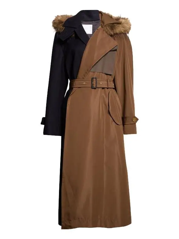 Sacai Mixed Media Trench Coat With Faux Fur Trim Hood - Camel/navy