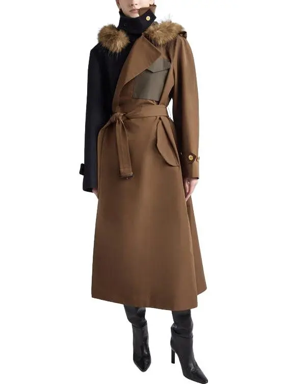 Sacai Mixed Media Trench Coat With Faux Fur Trim Hood - Camel/navy