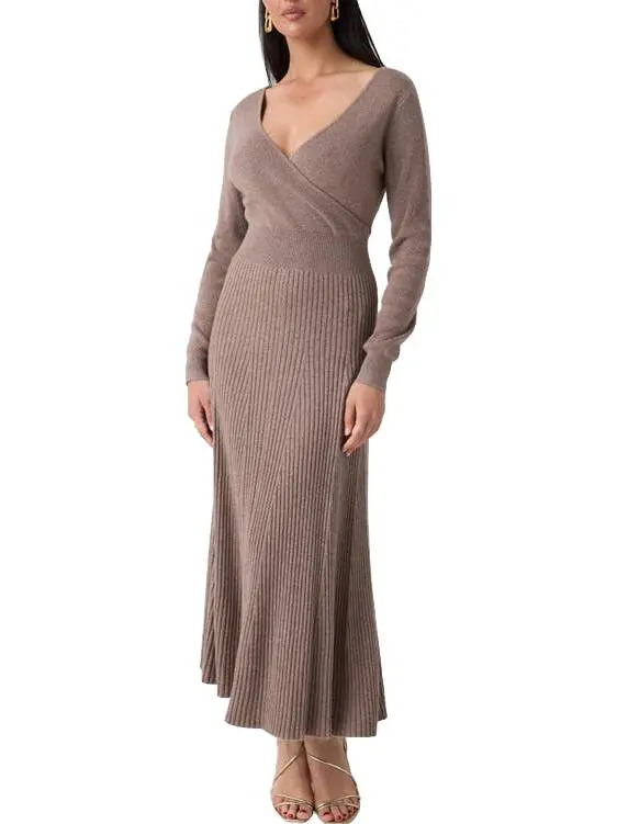 MARCIANO Helsinki Long Sleeve Midi Sweater Dress - Light Brown