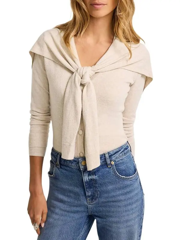 Mint Velvet Cotton Blend Scarf Detail Knit Cardigan - Neutral