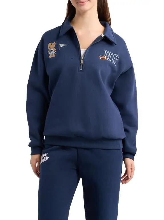HAPPY CAMP3R Varsity Graphic Quarter Zip Pullover - Navy