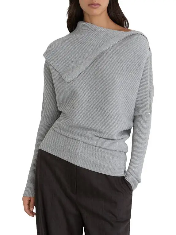 REISS Leena Off The Shoulder Ribbed Sweater - Grey Marl