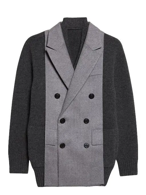 Sacai Mixed Media Flannel Panel Wool Blend Cardigan - Gray