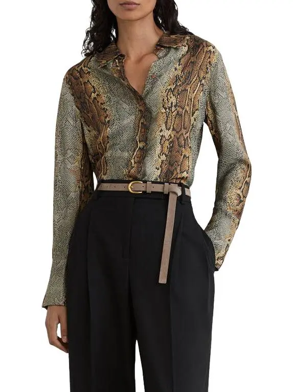 REISS Lyla Snakeskin Print Long Sleeve Shirt - Neutral/grey