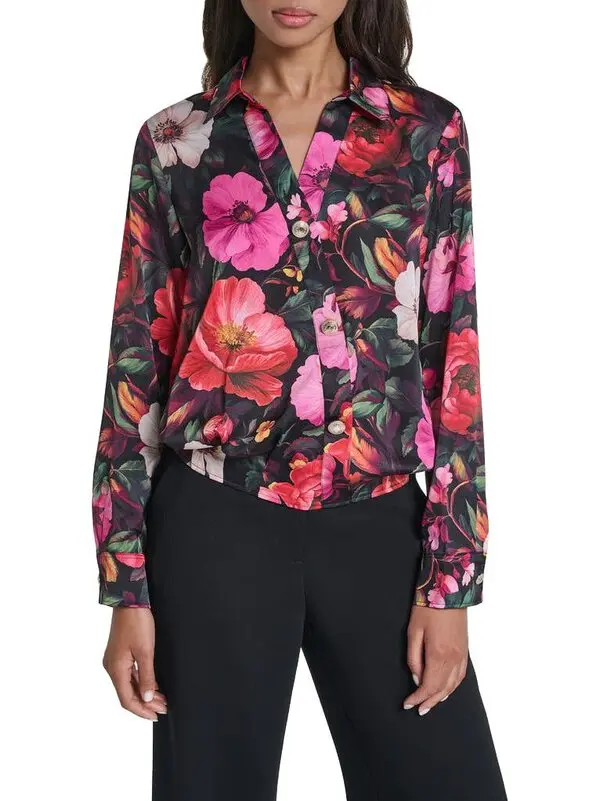 Karl Lagerfeld Paris Allover Print Long Sleeve Woven Shirt - Black Multi